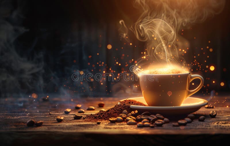 A Warm, Inviting Cup of Coffee Emits Steam on a Rustic Wooden Table ...