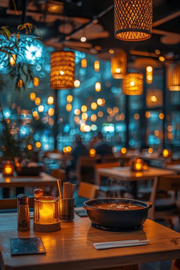 Warm and Inviting Dining Atmosphere with Hanging Lanterns and Cozy ...