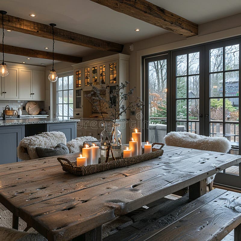 Warm and Inviting Dining Room with a Rustic Farmhouse Table and Candle ...