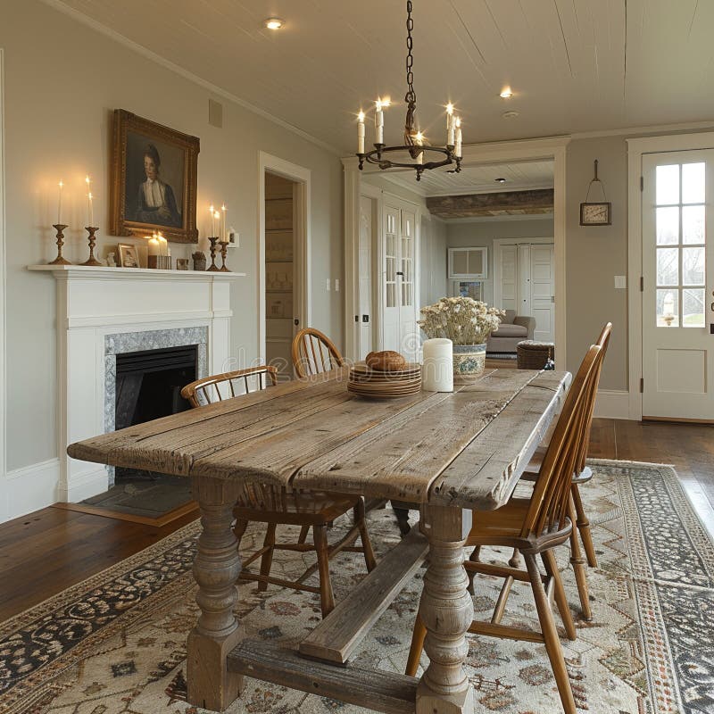 Warm and Inviting Dining Room with a Rustic Farmhouse Table and Candle ...