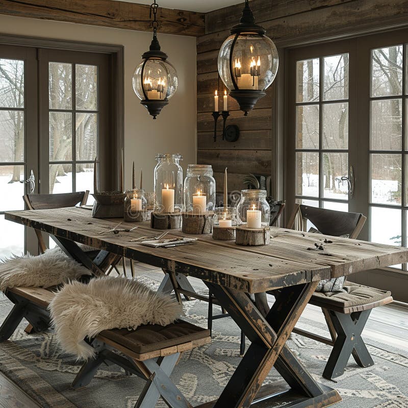 Warm and Inviting Dining Room with a Rustic Farmhouse Table and Candle ...