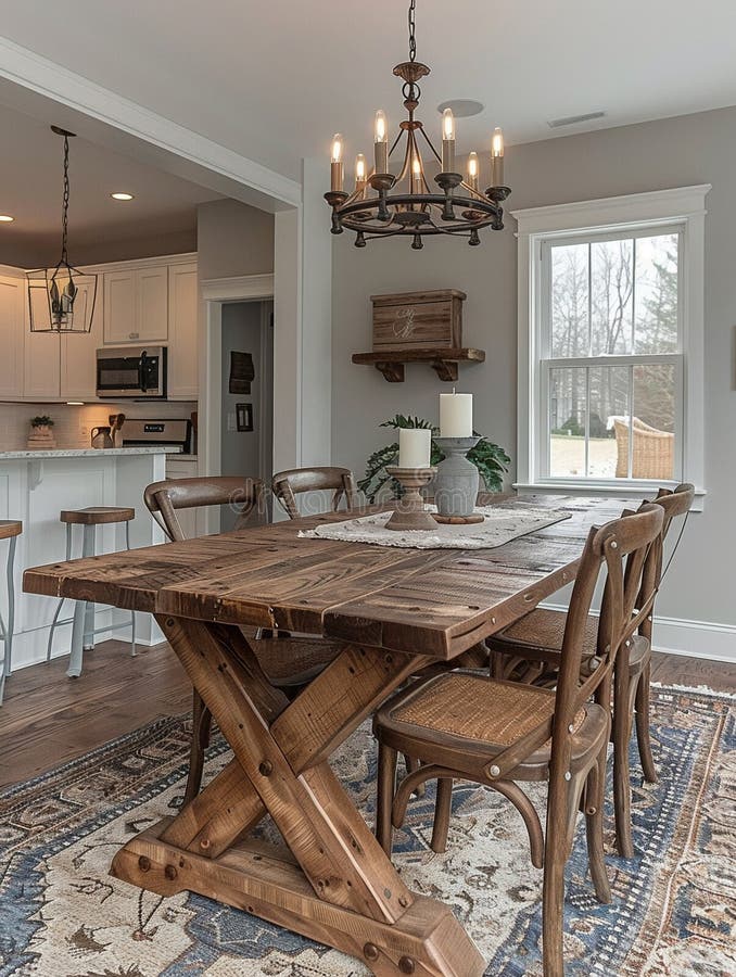 Warm and Inviting Dining Room with a Rustic Farmhouse Table and Candle ...