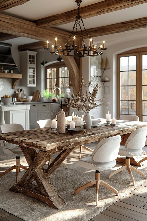 Warm and Inviting Dining Room with a Rustic Farmhouse Table and Candle ...