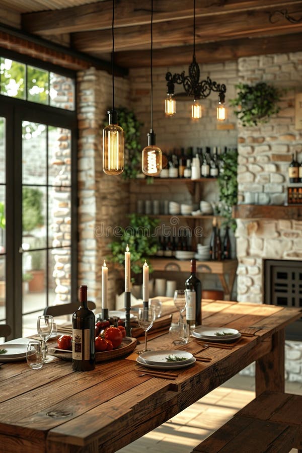 Warm and Inviting Dining Room with a Rustic Farmhouse Table and Candle ...