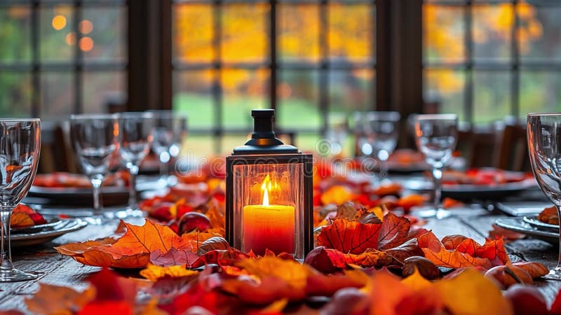 A Warm, Inviting Dinner Table Adorned with Autumn Leaves and a Glowing ...