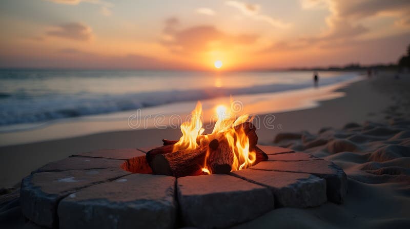 Beach Bonfire at Sunset stock illustration. Illustration of gathering ...