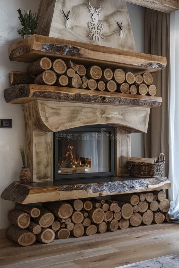 A Warm and Inviting Fireplace with Logs Stacked High Stock Photo ...