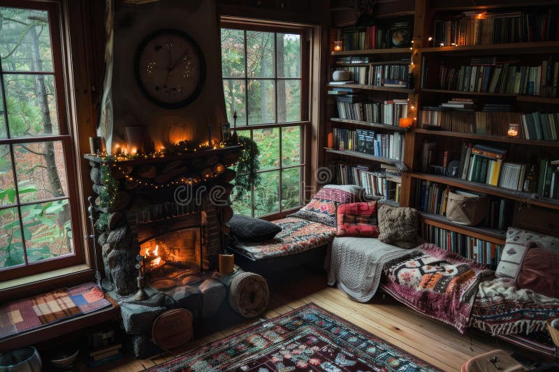 Cozy Winter Library Fireplace Large Windows Stock Photos - Free ...