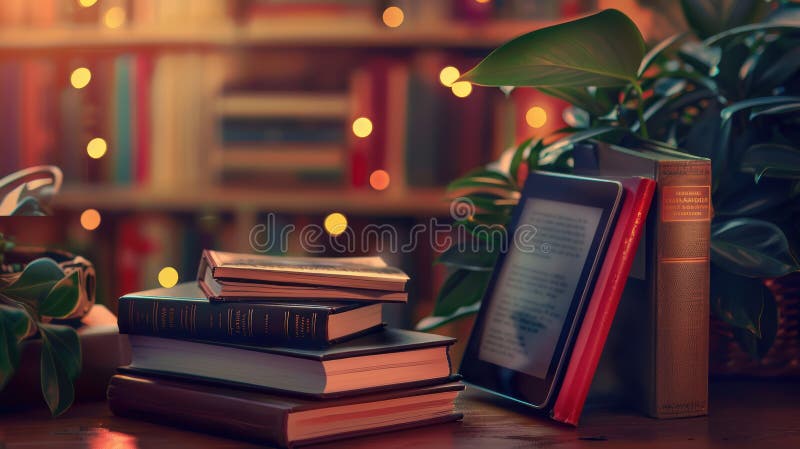 Cozy Home Library with Stack of Books, E-Reader, and Soft Ambient ...