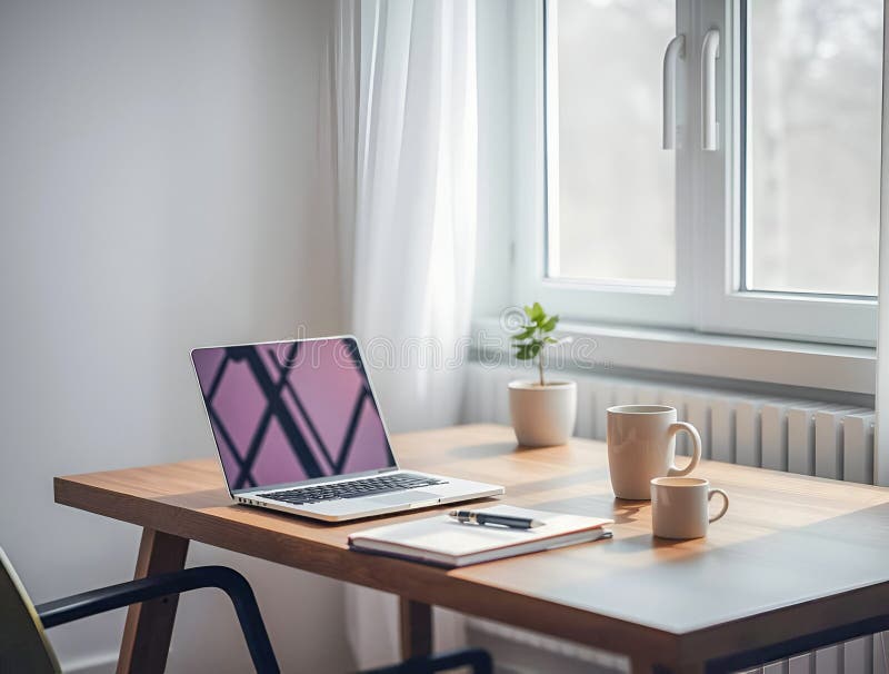 Warm and Inviting Home Office Setup with a Laptop Displaying a Window ...