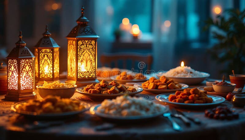 A Festive Iftar Dinner Table Setting with Lantern Lights Stock ...