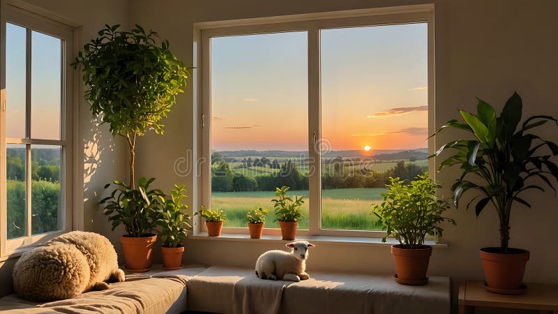 Cozy Interior with Sunset View and Sheep Decor Stock Photo - Image of ...