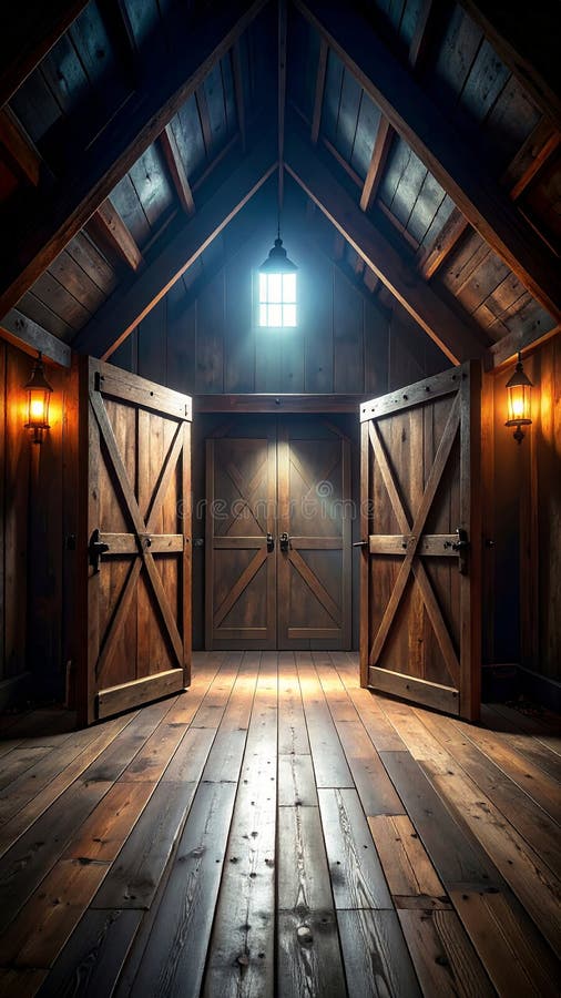 Rustic Wooden Interior with Open Barn Doors and Warm Lighting Creating ...