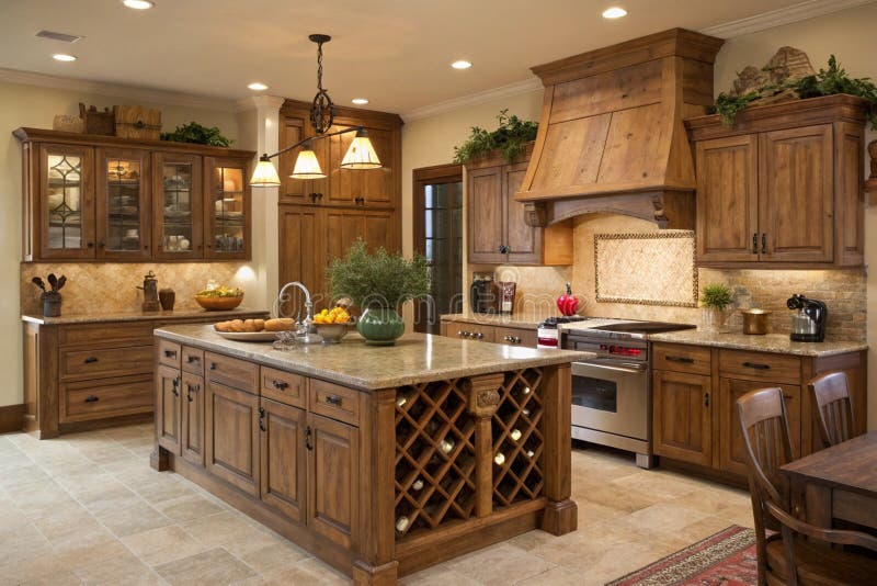 Warm and Inviting Kitchen with Central Island Stock Illustration ...