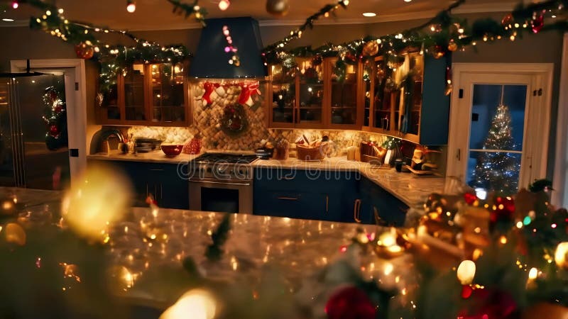 Warm and Inviting Kitchen Decorated for Christmas with Lights, Garland ...