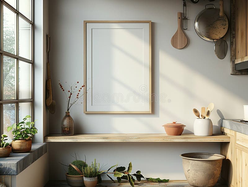 Warm and Inviting Kitchen Scene with a Blank Frame on the Wall. Perfect ...
