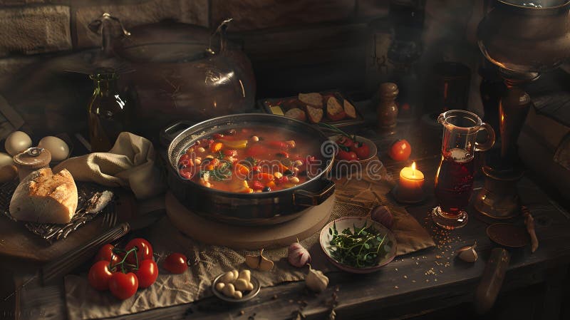 Rustic Kitchen Scene with Simmering Pot, Vintage Cookware, and Natural ...