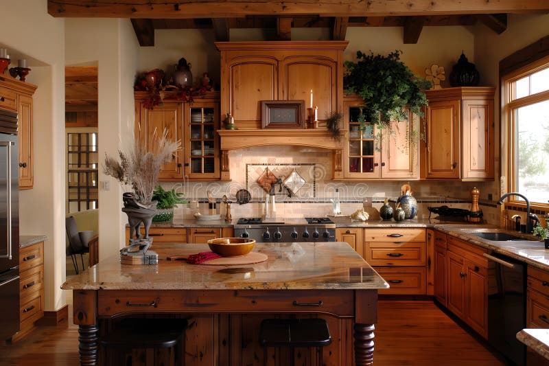Warm, Inviting Kitchen with Wooden Cabinets and a Central Island Stock ...