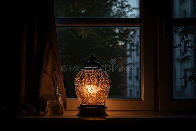 Warm and Inviting Lamp Light Against a Black Background Window Frame ...