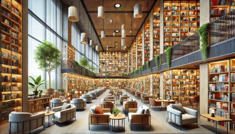 Warm and Inviting Library Interior with Cozy Reading Corners and Soft ...