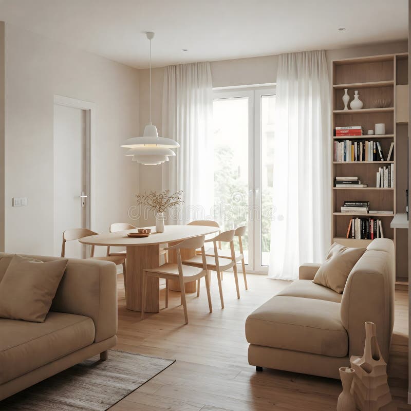 Warm and Inviting Living and Dining Area with Natural Light Stock ...