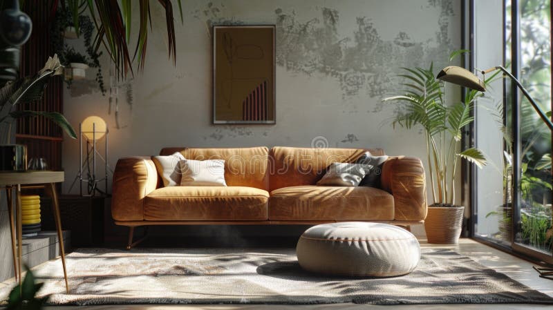 A Warm and Inviting Living Room with a Brown Couch and White Rug Stock ...