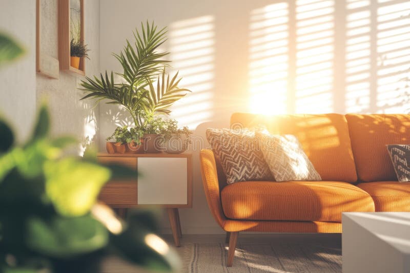 A Warm and Inviting Living Room with Furniture and Greenery Stock Photo ...
