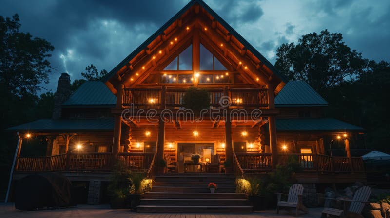 A Warm, Inviting Log Cabin Illuminated with String Lights Stands Out ...