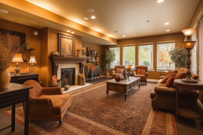 Warm and Inviting Reception Area with Cozy Seating, Fireplace, and Warm ...