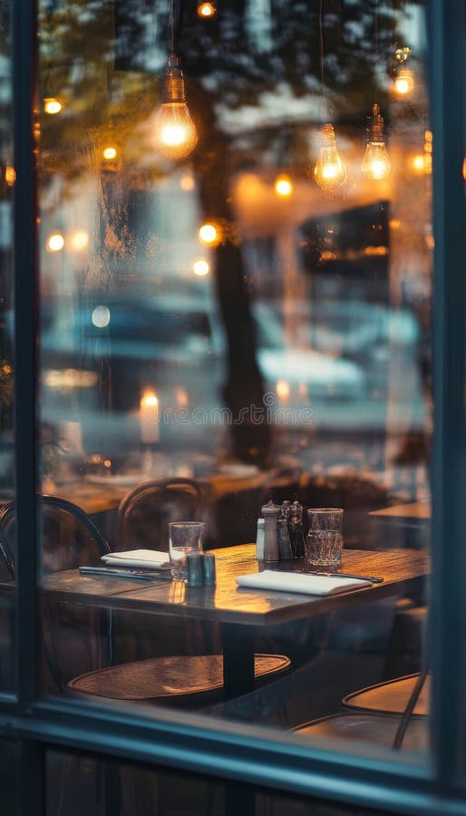 Warm and Inviting Restaurant Scene through a Glass Window with Blurry ...