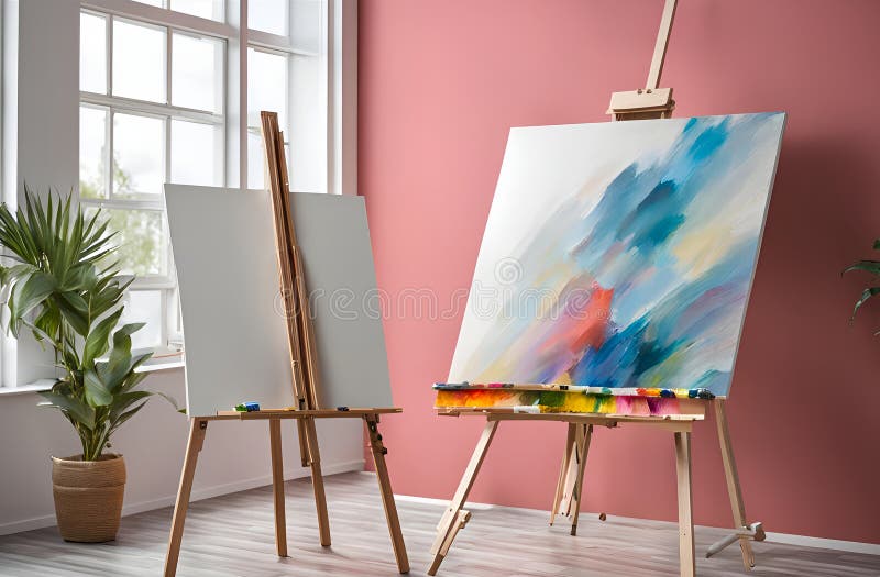 Room with Vibrant Artist Colors Neatly Arranged beside a Painting on an ...