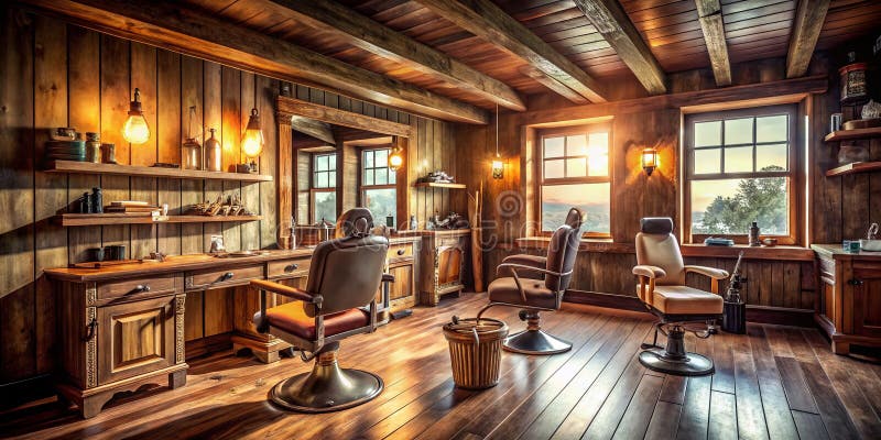 A Warm and Inviting Rustic Barber Shop Panoramic Interior View ...