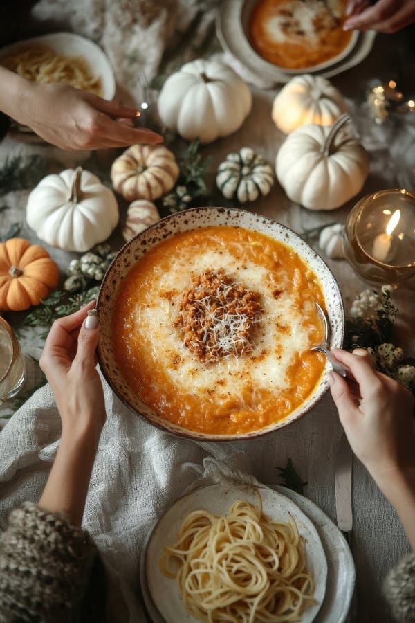 Gathering of Friends Sharing Pasta and Laughter Around a Festive Table ...