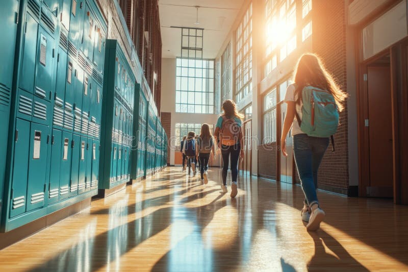 Students Walk through a Bright School Hallway Lined with Lockers. the ...