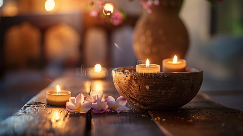 Warm and Inviting Spa Setup with Lit Candles, Essential Oil Bottles ...