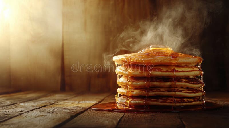 Steaming Stack of Delicious Pancakes with Maple Syrup Drizzle Stock ...