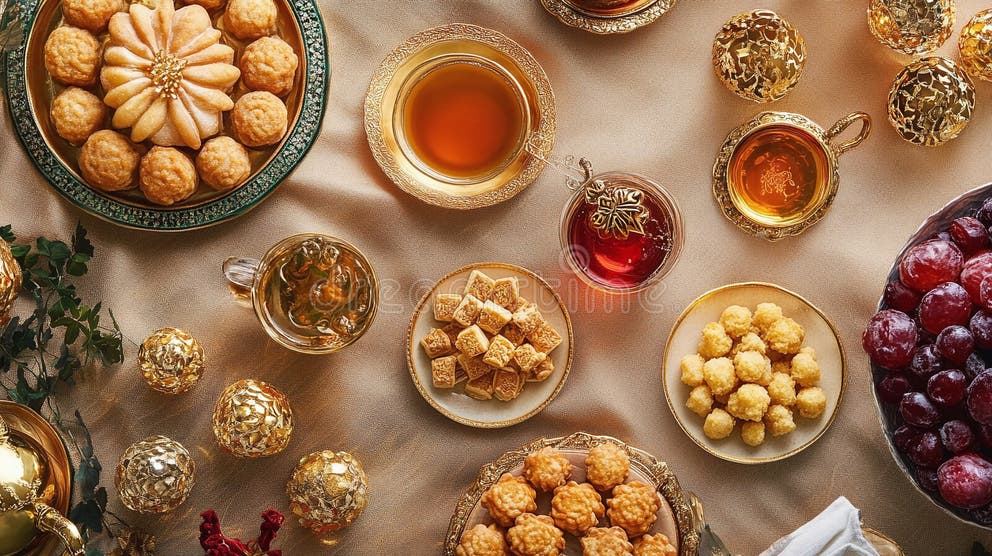 A Warm and Inviting Table Setting with Traditional Eid Sweets Stock ...