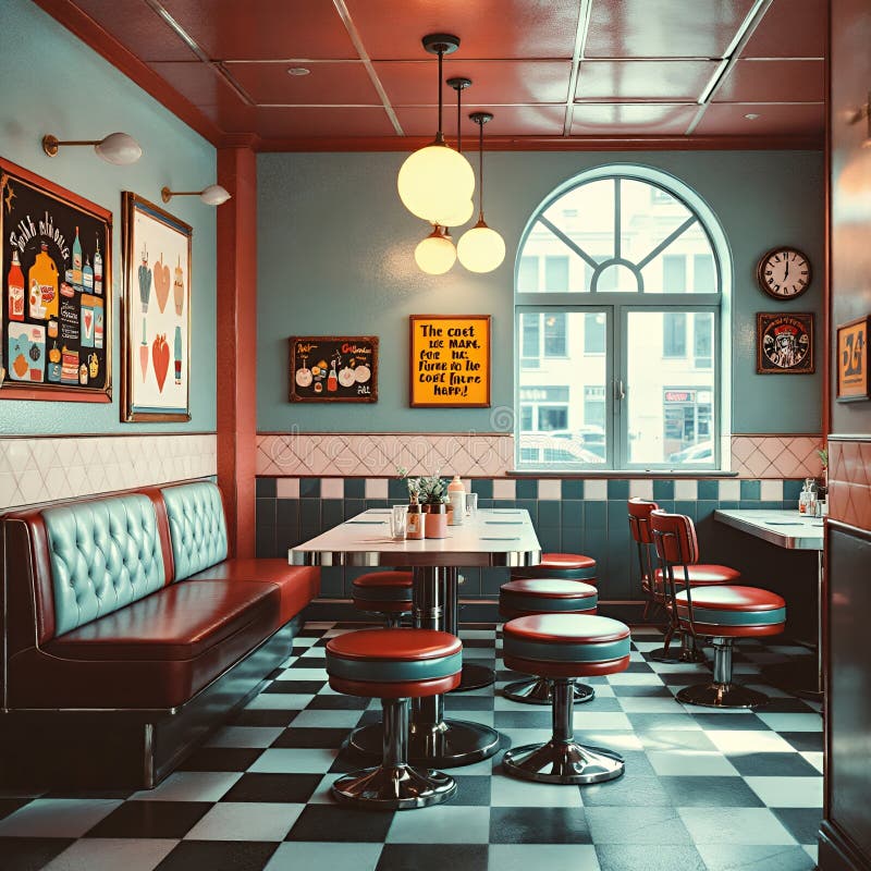 Cozy Retro Diner Interior with Vibrant Colors and Classic Style Stock ...