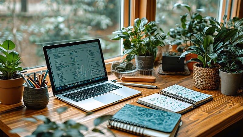 Home Office Setup with Plants and Notebooks during a Cozy Afternoon ...