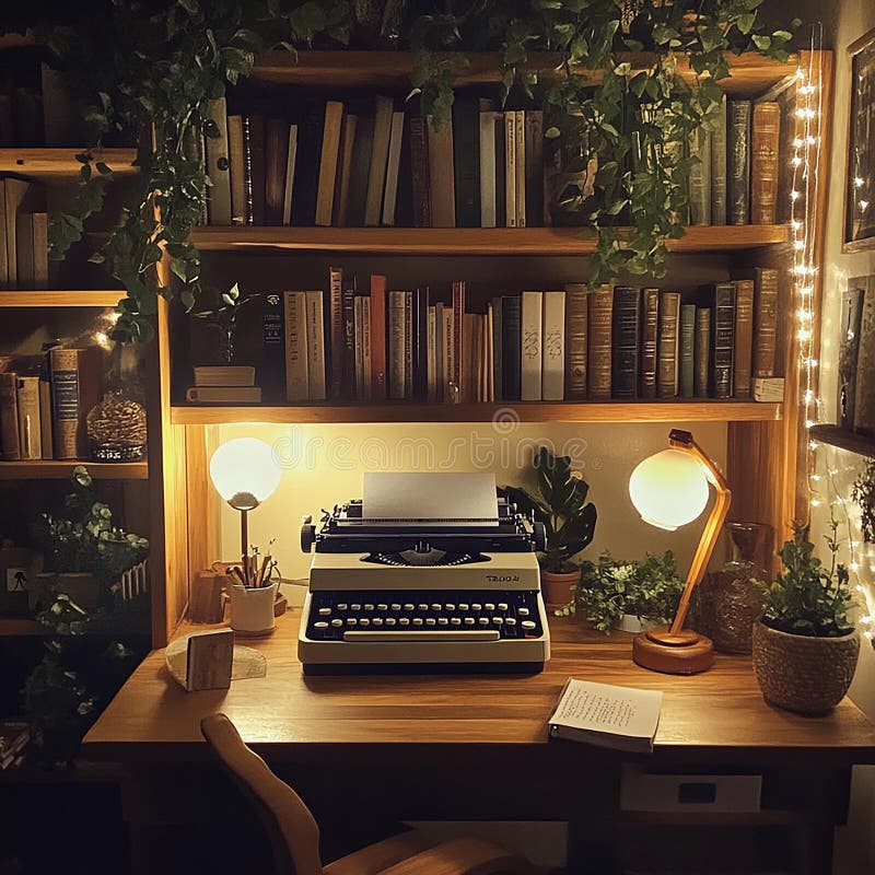Cozy Writing Desk with Typewriter Surrounded by Plants and Books at ...