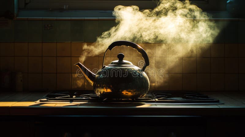 Warm Kettle with Rising Steam in Sunlit Kitchen Stock Illustration ...