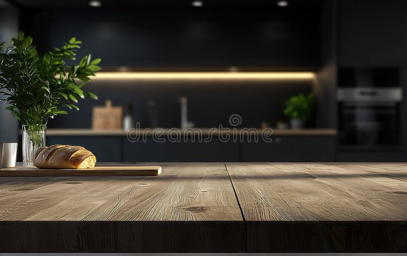 Warm Kitchen Setting with Fresh Bread on a Wooden Table during ...