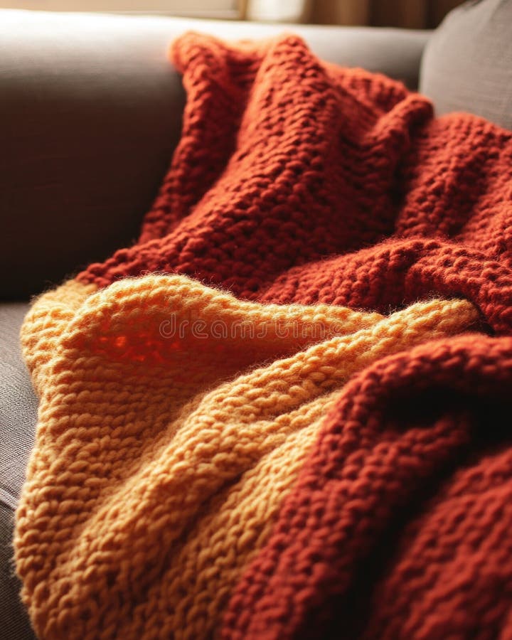 Warm, Knitted Blanket, Cozy Fall Colors of Red and Orange Stock Photo ...