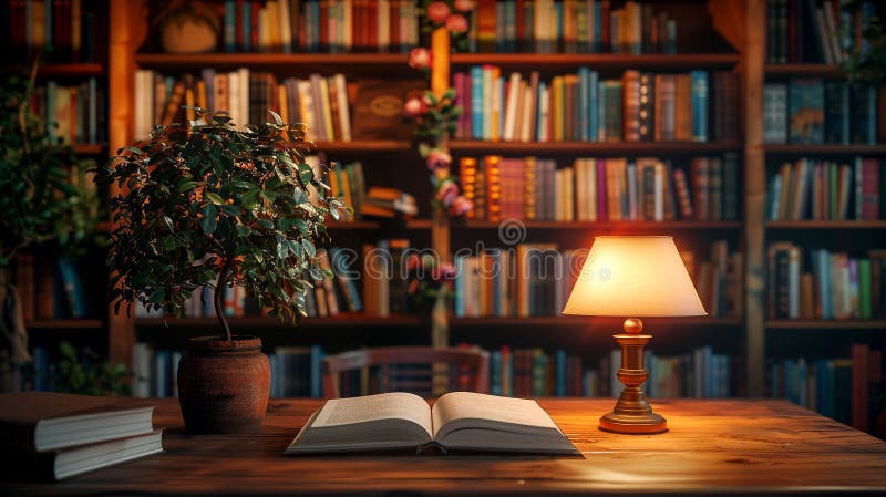 A Cozy Reading Nook with a Lamp and Open Book in a Warm Library Setting ...