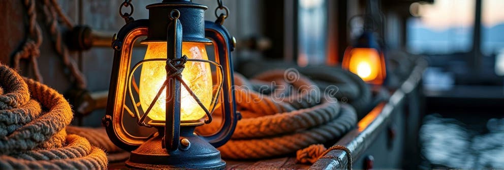Warm Lantern Light on Nautical Ship Deck with Coiled Rope at Sunset Stock Image - Image of ...
