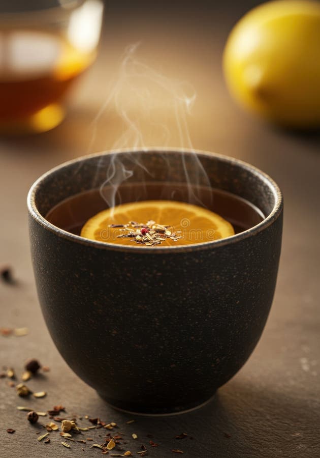 Warm Lemon Tea in Dark Bowl with Spices Stock Illustration ...