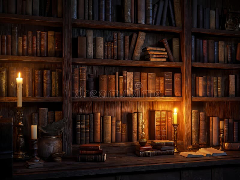 Cozy Bookshelf with Warm Lighting and a Burning Candle Stock ...