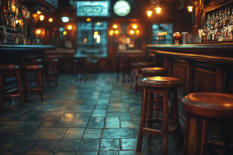 Warm Lighting Illuminates an Empty Irish Pub, Highlighting Wooden ...