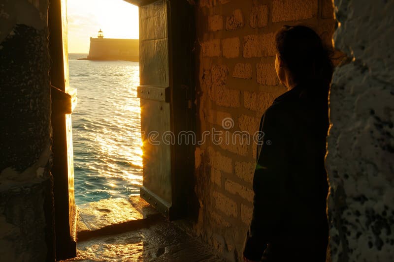 Warm Light Casting a Persons Shadow Inside Lighthouse with the ...