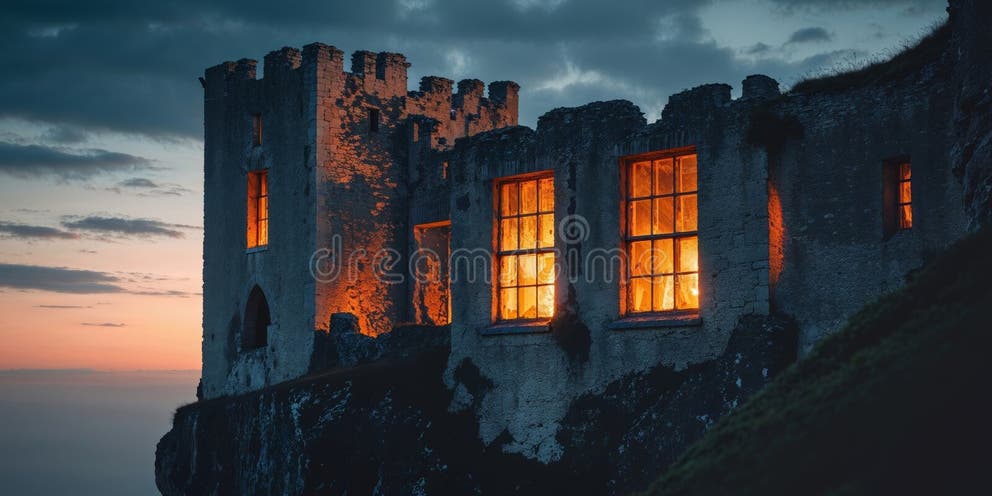 Warm Light Emanating from the Windows of an Old Stone Castle Perched on ...